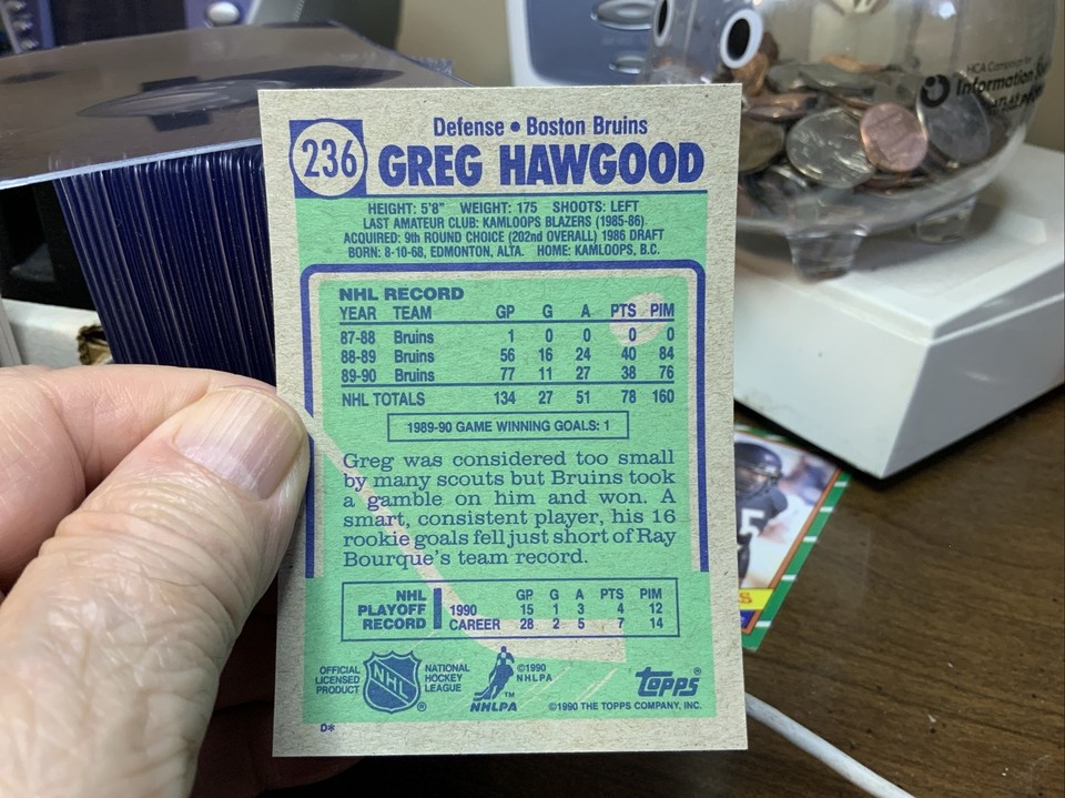 1990-91 Topps Hockey Card Greg Hawgood Boston Bruins #236 | eBay
