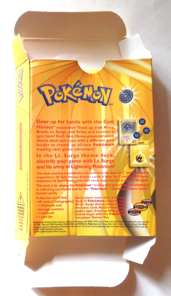 2000 NINTENDO POKEMON LT. SURGE THEME DECK TRADING CARD GAME Empty Box ...