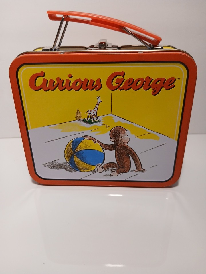 Vintage Curious George Lunch Box Metal Mini Tin 1998 Red Handle Monkey ...