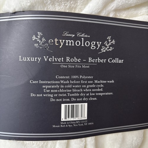 Etymology Luxury Collection White Velvet Robe New One Size Fits Most | eBay