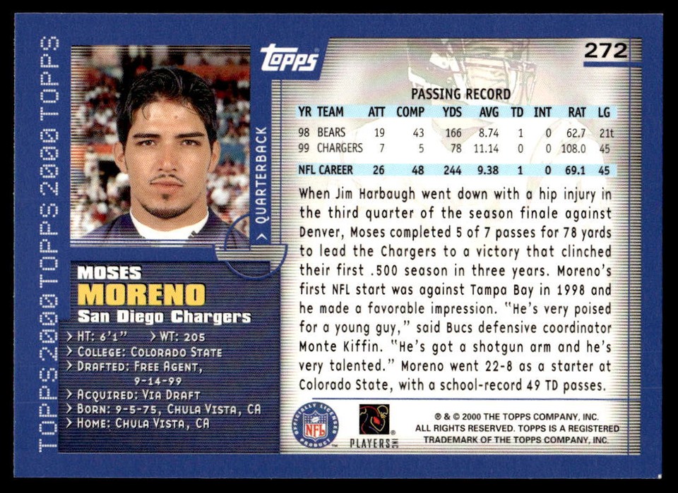 2000 Topps 272 Moses Moreno San Diego Chargers Football Card | eBay
