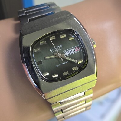 Vintage CLINTON men's automatic watch Ronda 1239 25Jewels Green dial ...