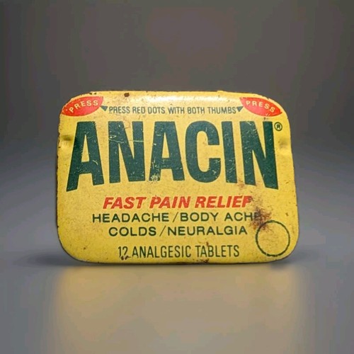 vintage anacin tin yellow pain relief box only 12 tablets advertising ...