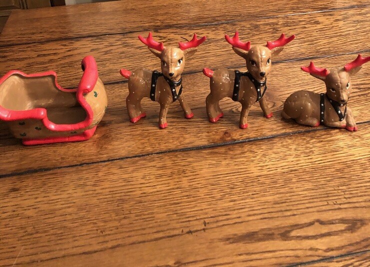 VTG CERAMIC REINDEER SLEIGH CHRISTMAS HAND PAINTED KIMPLE MOLD Deer ...