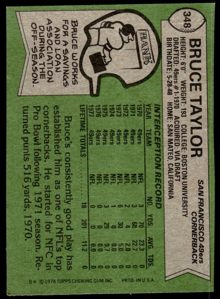 1978 TOPPS BRUCE TAYLOR B SAN FRANCISCO 49ERS #348 | eBay