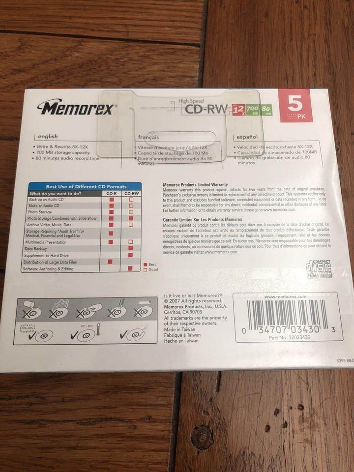 Memorex CD-RW12X 700MB 80MIN Blank Disc Printable Media 3202-3430 ...