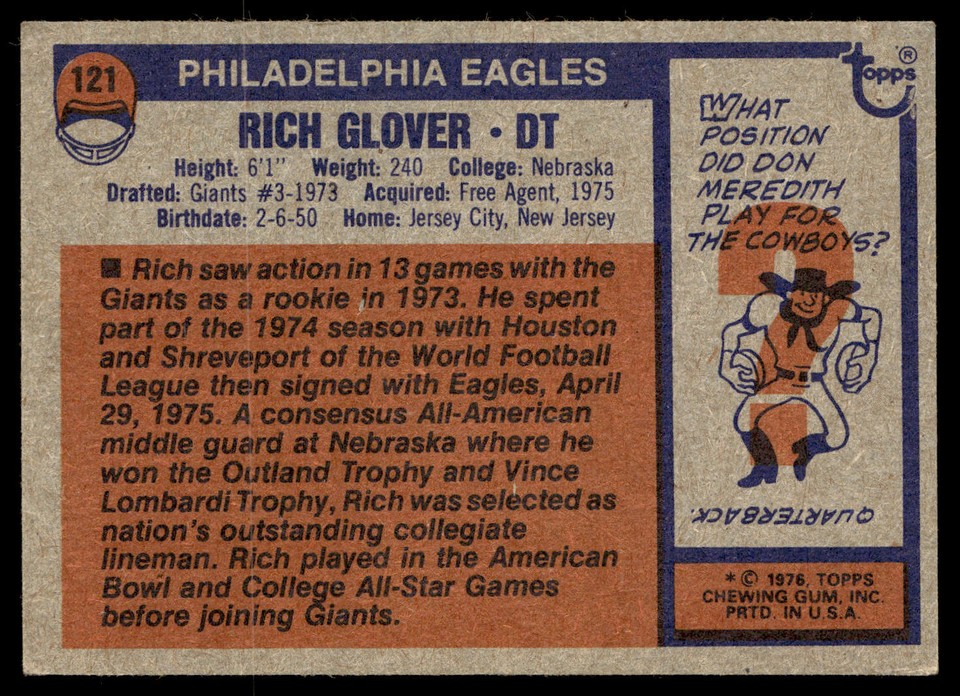 1976 Topps Rich Glover #121 Philadelphia Eagles | eBay