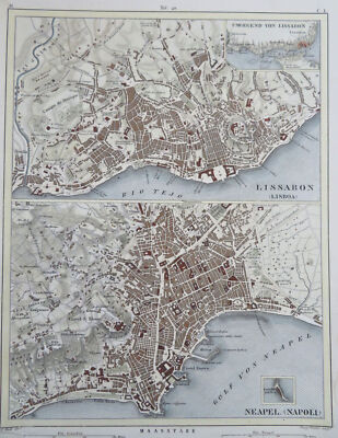Lisbon & Naples Italy Portugal City Plans c. 1850's nice detailed hand ...