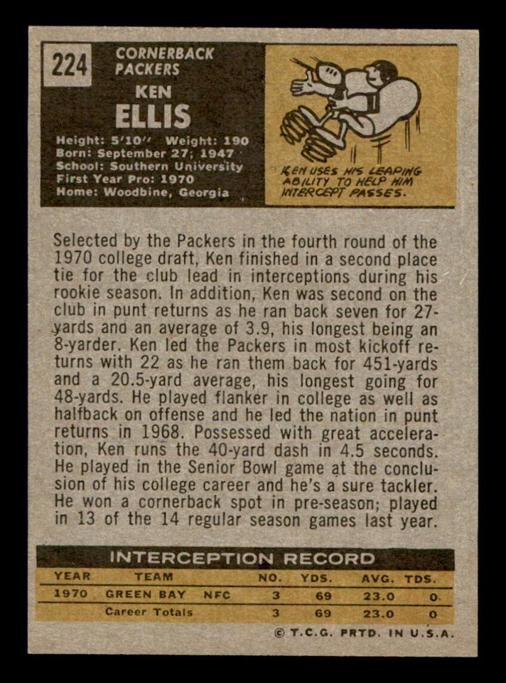 1971 Topps Football #224 Ken Ellis EX *d3 | eBay