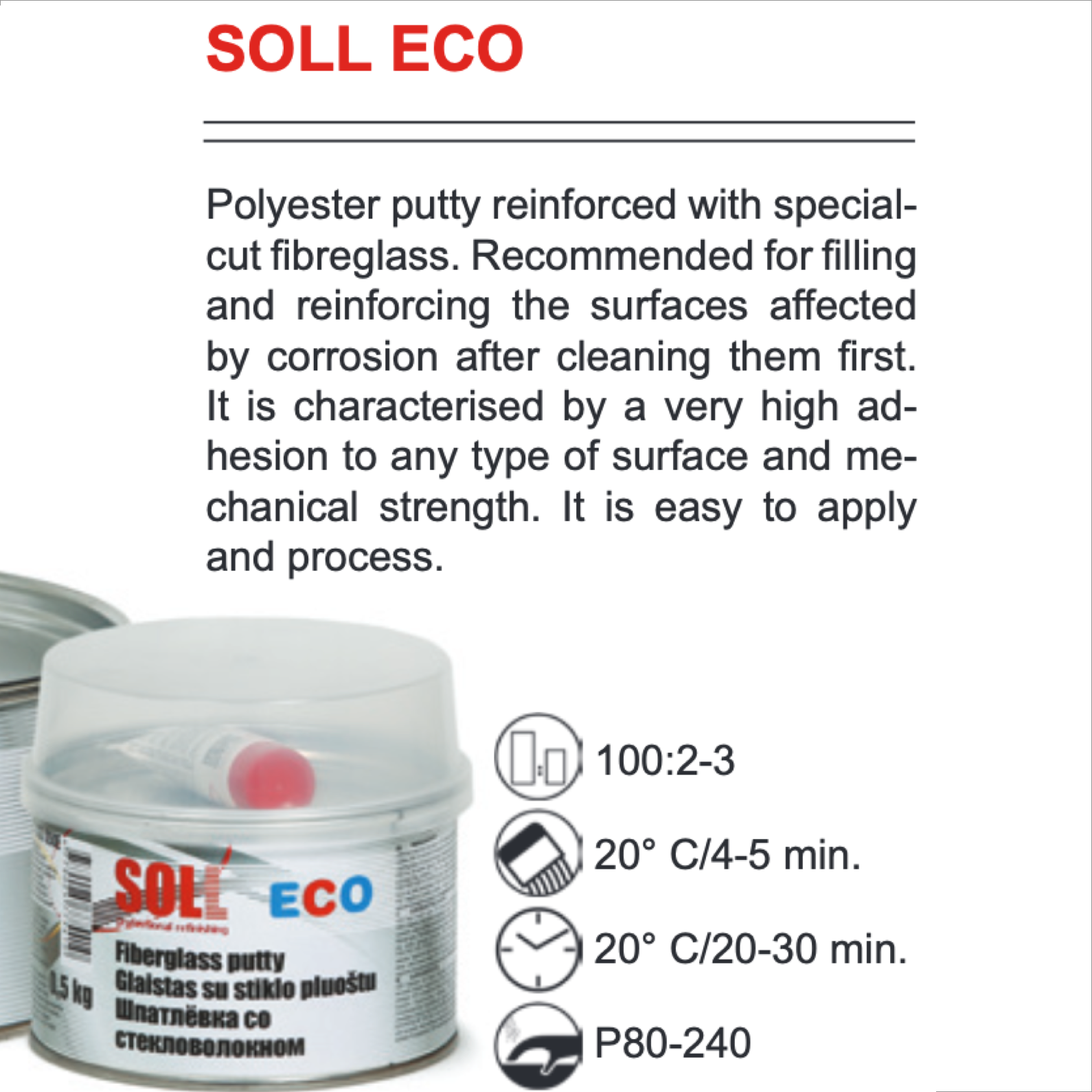 SOLL FIBREGLASS BODY FILLER PUTTY ECO 0.2KG Fibre Glass Reinforced Car ...