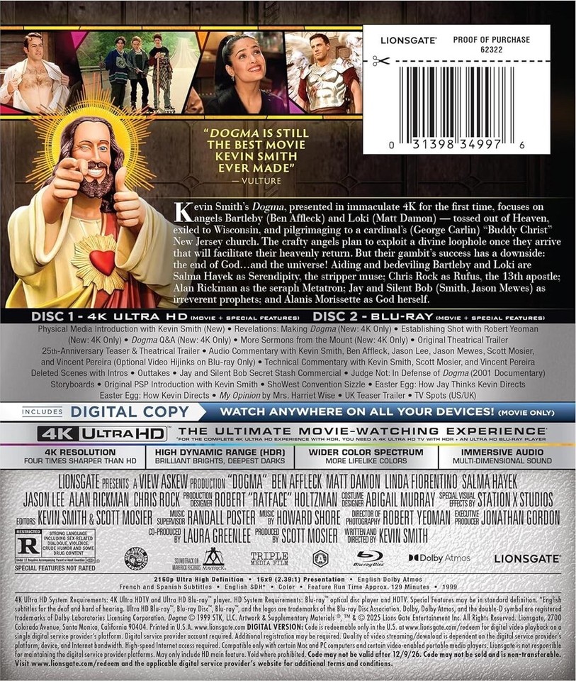 Dogma 25th Anniversary Edition (Lionsgate Dec 2025) 2 Disc 4k Blu-ray ...