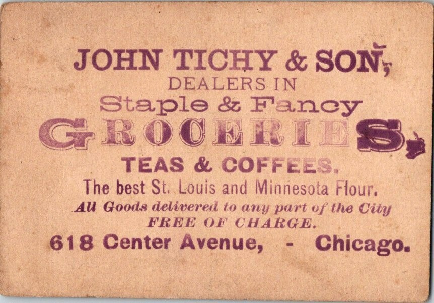 Vintage Antique Trade Card John Tichy Son Staple Groceries Center Ave ...