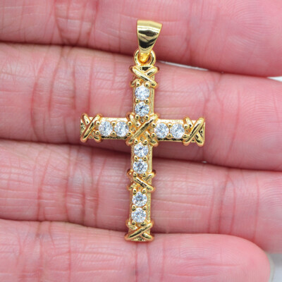 18K Yellow Gold Filled Clear Topaz Women Sparkling Rope Wrapped Cross ...