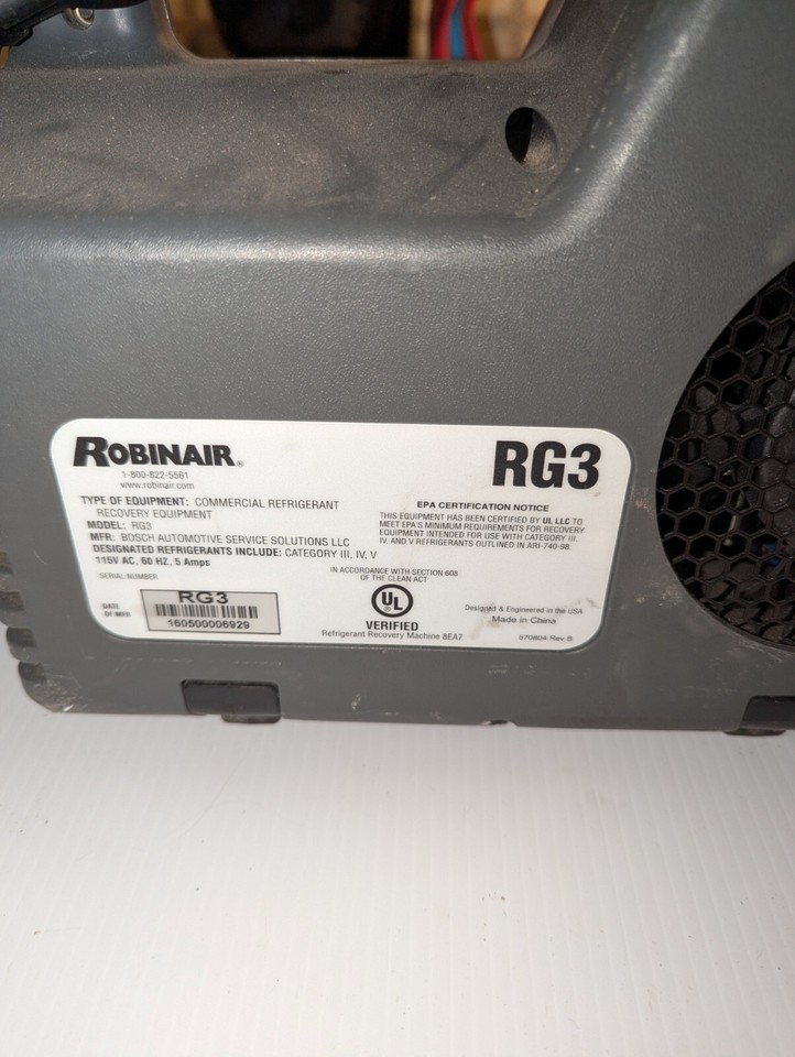 Robinair RG3 Portable Single Refrigerant Recovery Machine 637335043374 ...