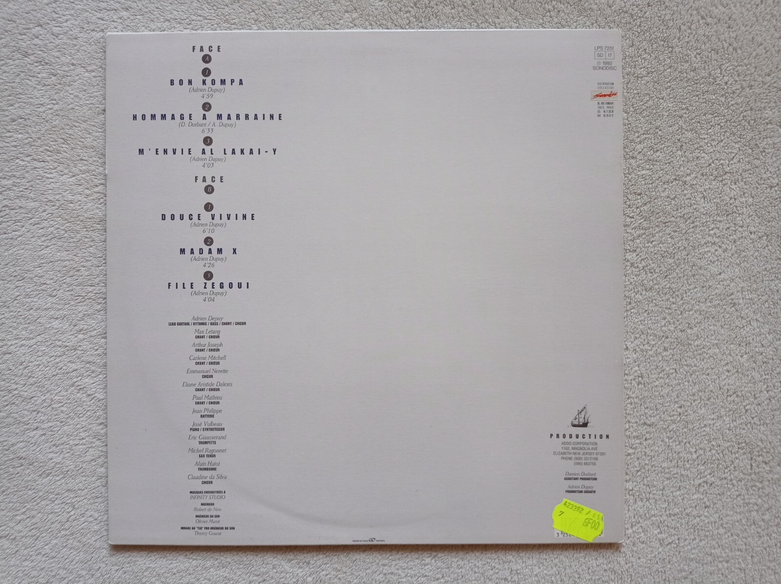 LP 33T ADRIEN DURBANT / ADRIEN DUPUY "Bon kompa" SONODISC LPS 7251 ...