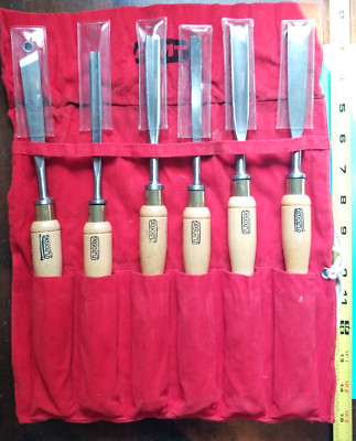 AMT 6 Pc Wood Carving Hand Chisel / Gouge Set in Red Roll Set Of 6 ...