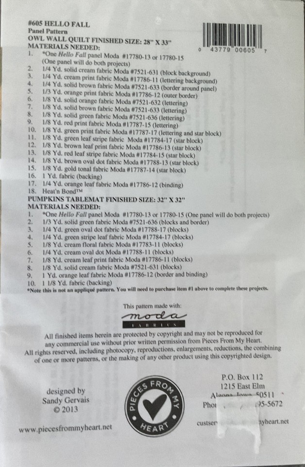 Hello Fall Quilt Pattern - Pieces From My Heart #605 wall quilt & table ...