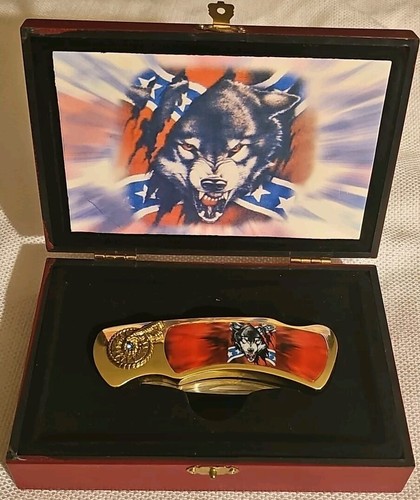 🔥 Rare Vintage Prop Commemorative Knife Brass Gold Finish Wolf and Flag ...
