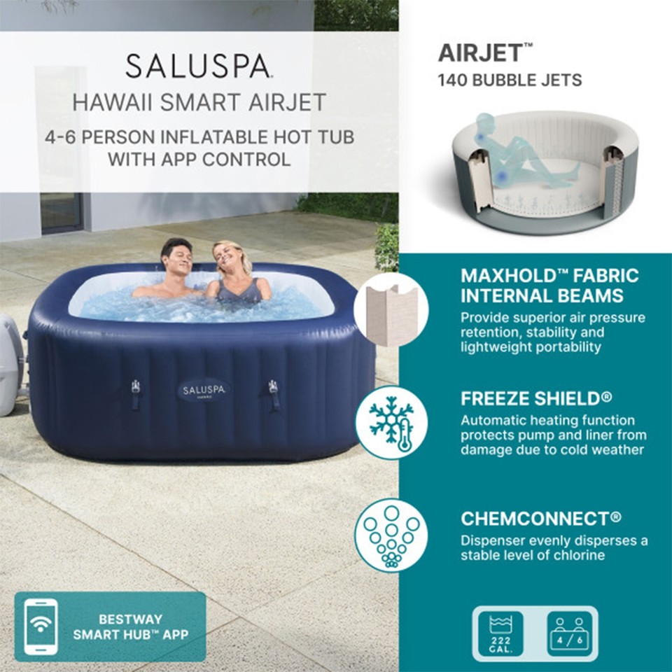 SaluSpa Hawaii 4-6 Person Smart AirJet Inflatable Hot Tub with App ...