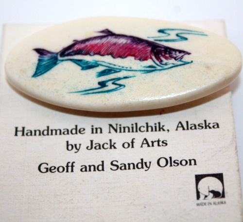 Handmade Alaska Scrimshaw Shed Moose Antler Salmon Pin By Geoff & Sandy ...