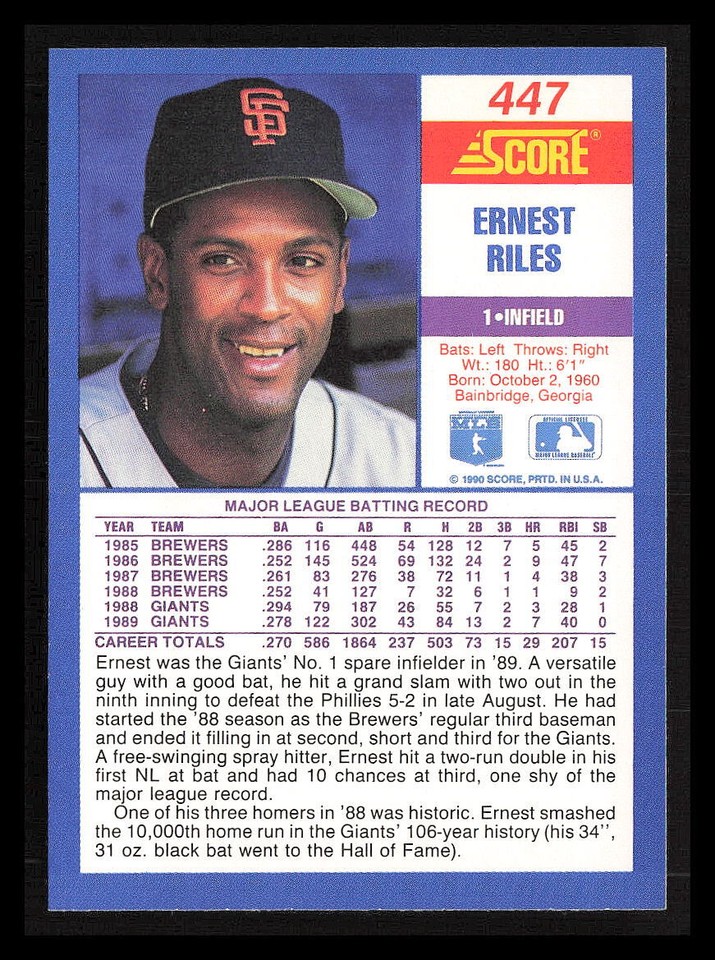 Ernest Riles 1990 Score #447 San Francisco Giants | eBay