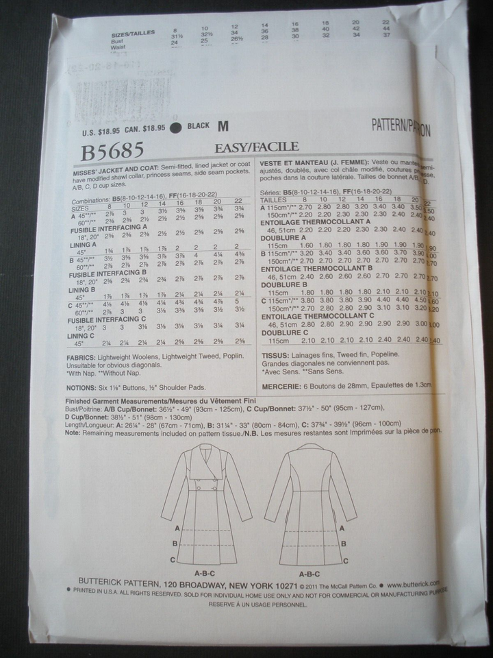 Butterick 5685 Custom Fit Cup Sizes Lined Pea Coat Double Jacket 8-16 ...
