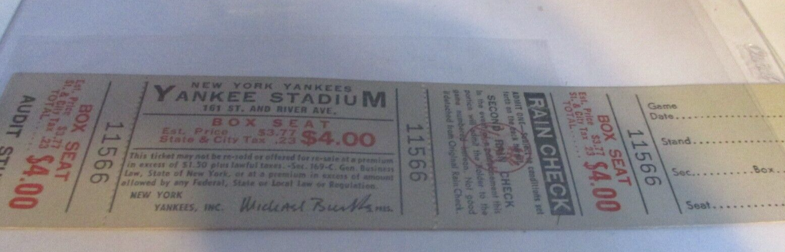 1970's NEW YORK YANKEES Rain Check Box Seat Full Ticket Yankee Stadium ...