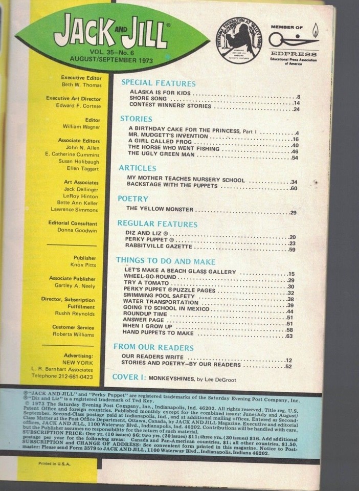 Jack and Jill Magazine August 1973 Alaska Puppets Elephant Cover | eBay