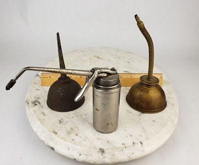 3x Vintage Antique Metal Oil Can Pump Thumb Press Oiler Eagle P. Wall ...