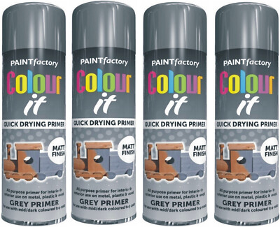 4 x 250ML Grey Primer Spray Paint Can Ideal For Metal Wood & Plastic ...
