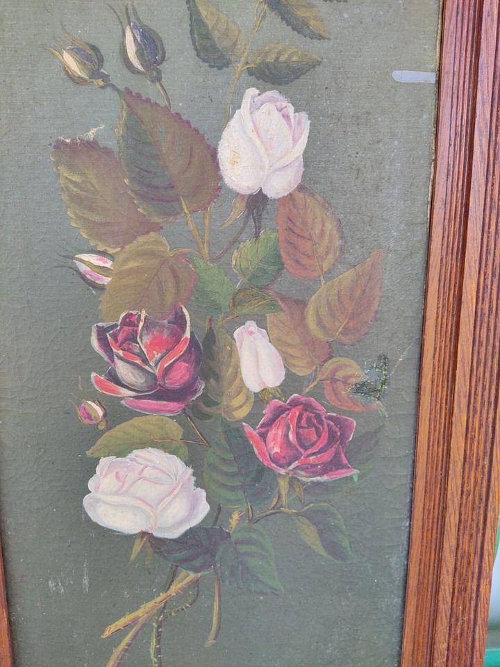Antique Primitive Oil Painting of a Still Life of Roses Anonymous ...