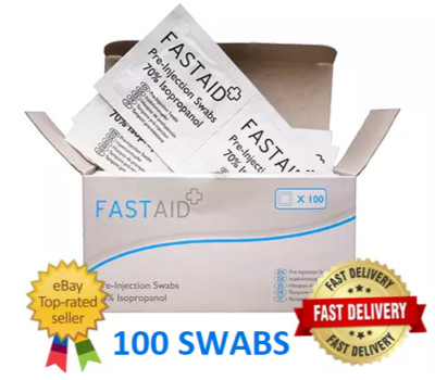 100 FAST AID PRE-INJECTION SWABS 70% IPA ALCOHOL WIPES PIERCING TATTOO ...