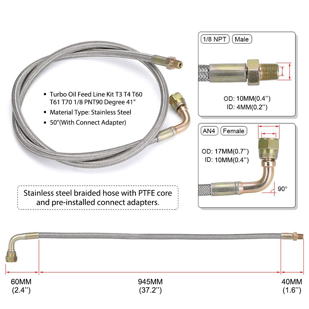 41" TURBO 90 DEGREE OIL FEED LINE KIT T3 T4 T04E T70 T60 GT45 GT35 1/8 ...
