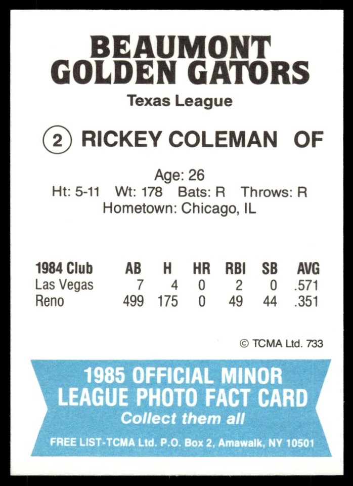 1985 TCMA Beaumont Golden Gators Rickey Coleman Beaumont Golden Gators ...
