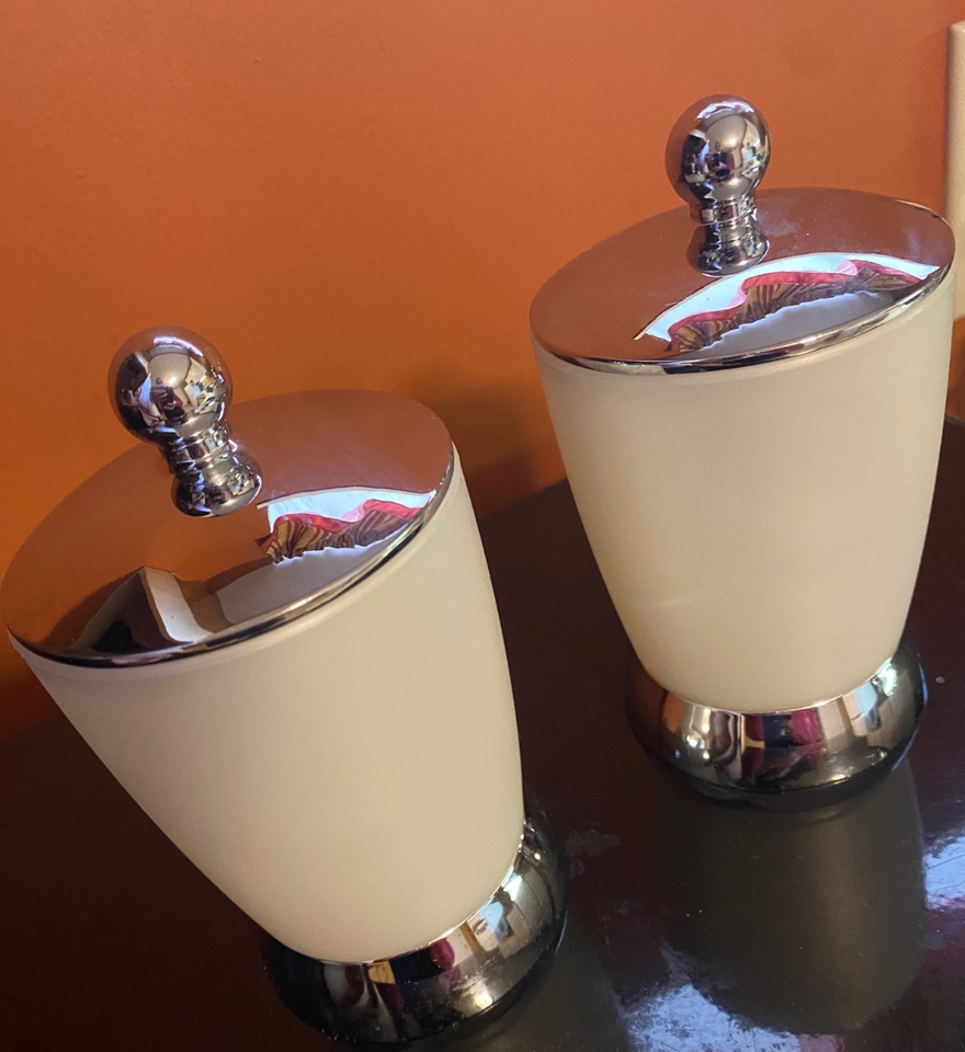 Qtip Toothbrush Holder White Hard Plastic & Chrome Canister 2 Jar Set ...