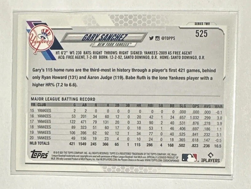 Gary Sanchez 2021 Topps Series 2 70th Card #525 New York Yankees ...