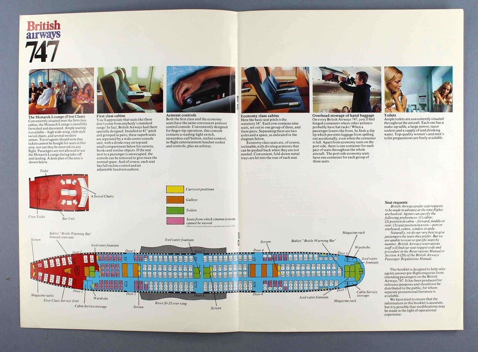 BRITISH AIRWAYS BOEING 747 VINTAGE AIRLINE BROCHURE 1973 SEAT MAP BA | eBay