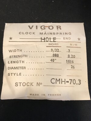 Vigor HOLE End Clock Mainspring - 9/32" x .008" x 40" Long - CMH 70.3 ...