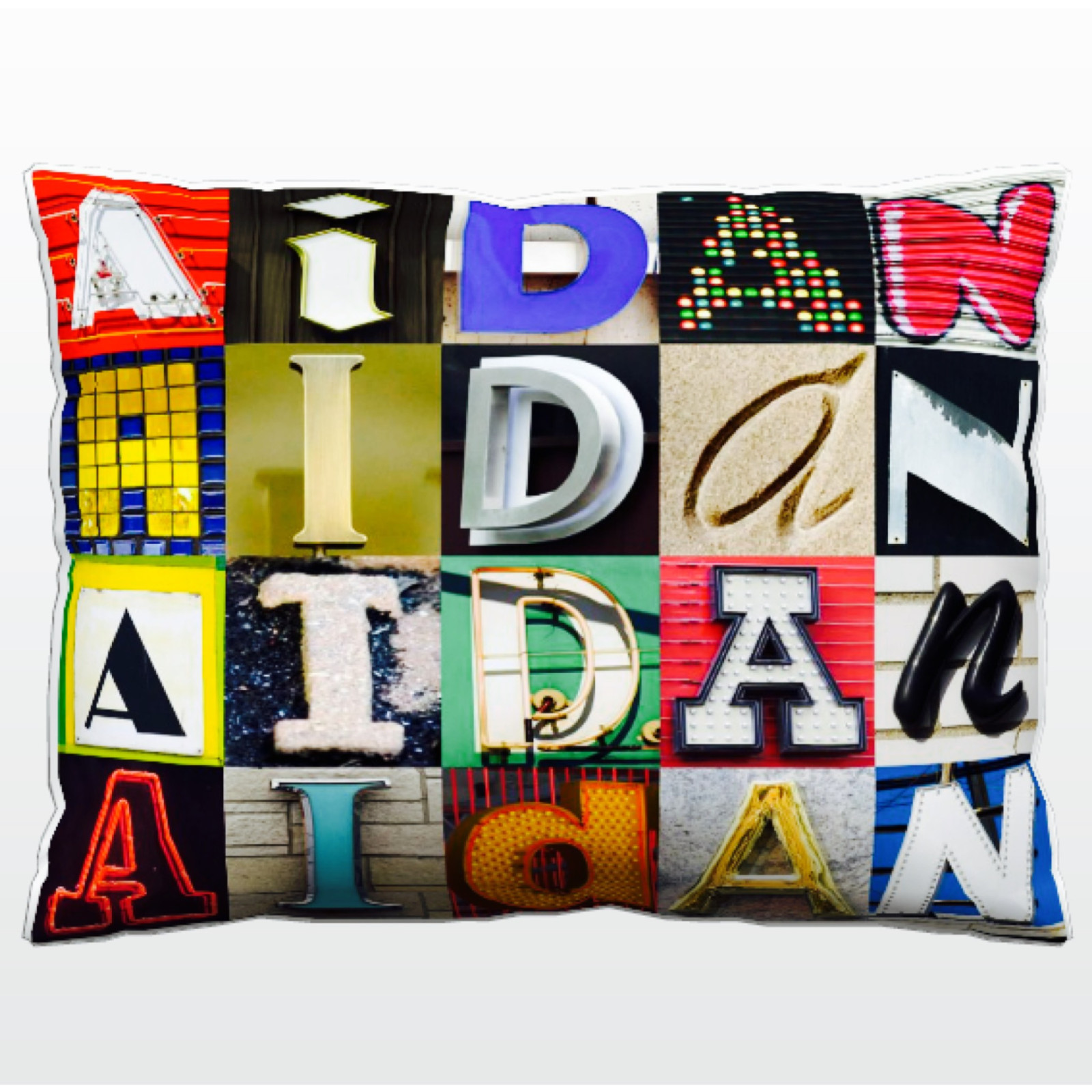 Personalized Pillow featuring the name AIDAN in photos of sign letters ...