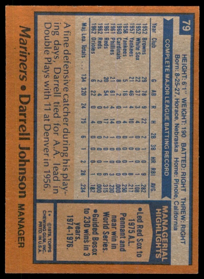 1978 TOPPS DARRELL JOHNSON (109) SEATTLE MARINERS #79 | eBay