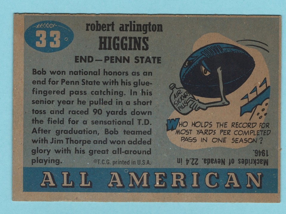 1955 Topps All American - #33 - Bob Higgins - RC - Penn State - VG/EX ...