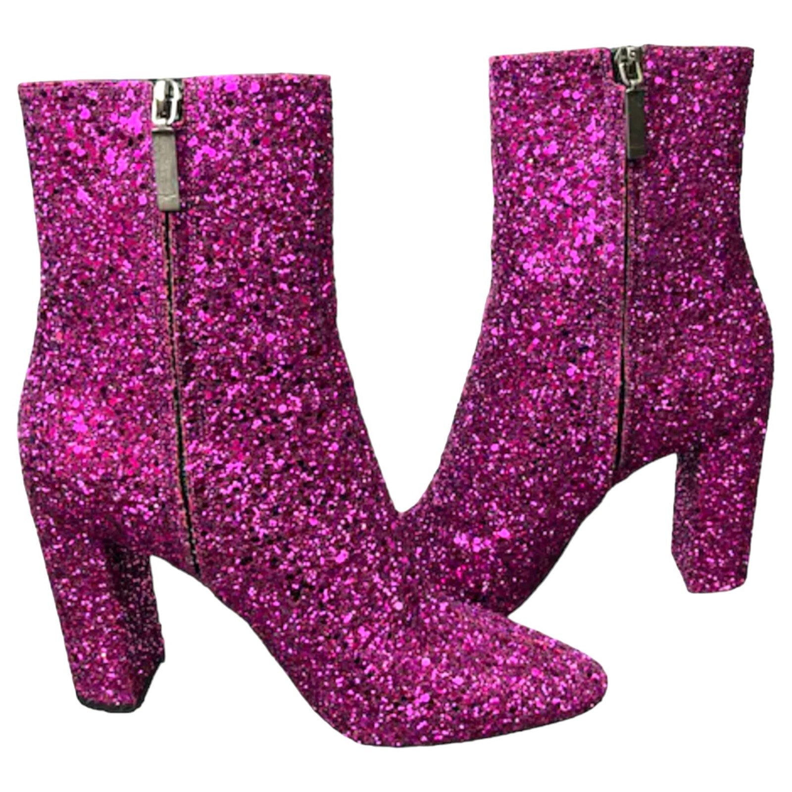 Saint Laurent Lou Pink Glitter Ankle Heeled Booties S… - Gem