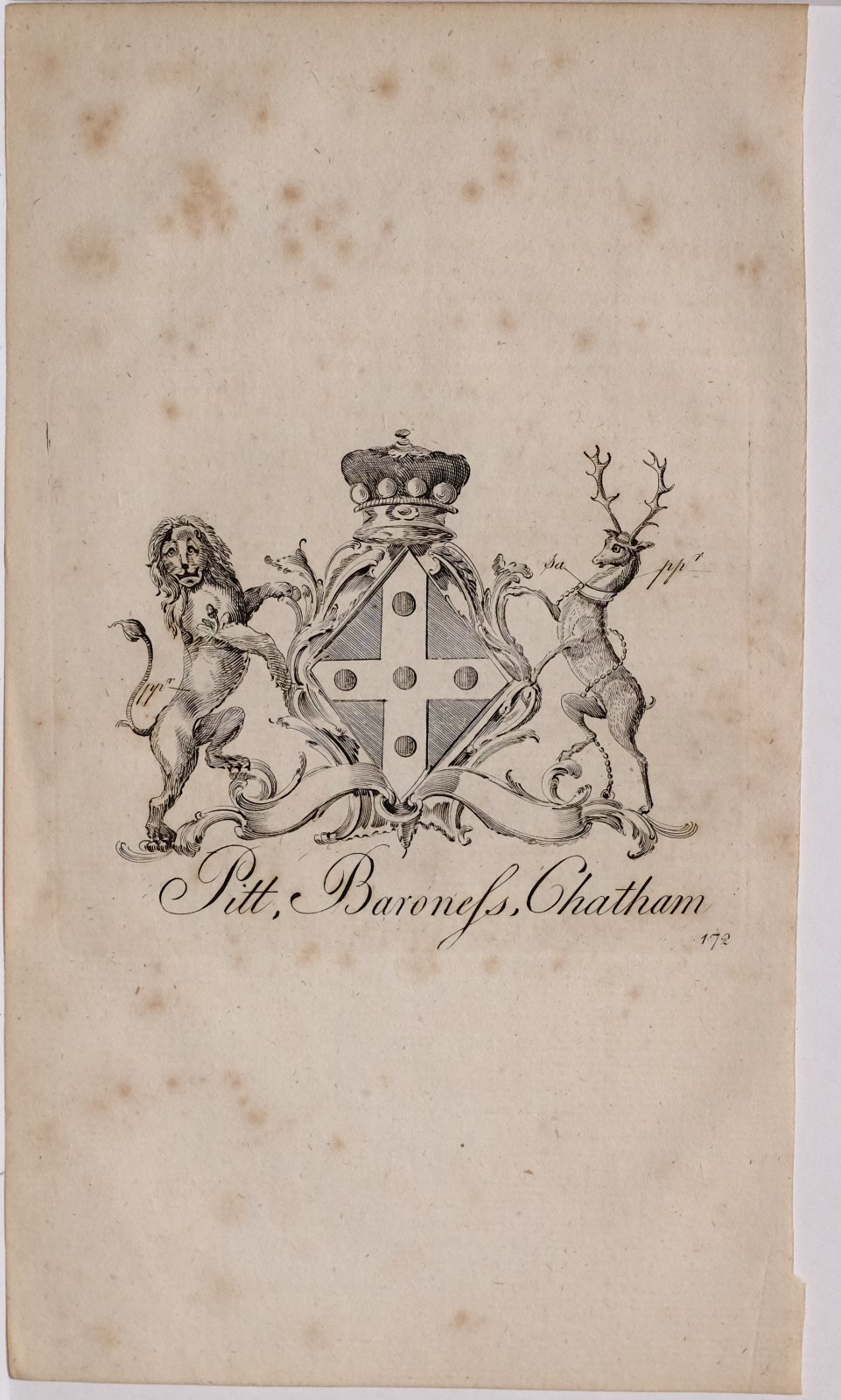 1779 ANTIQUE PRINT ~ PITT ~ FAMILY CREST COAT OF ARMS BARONESS CHATHAM ...