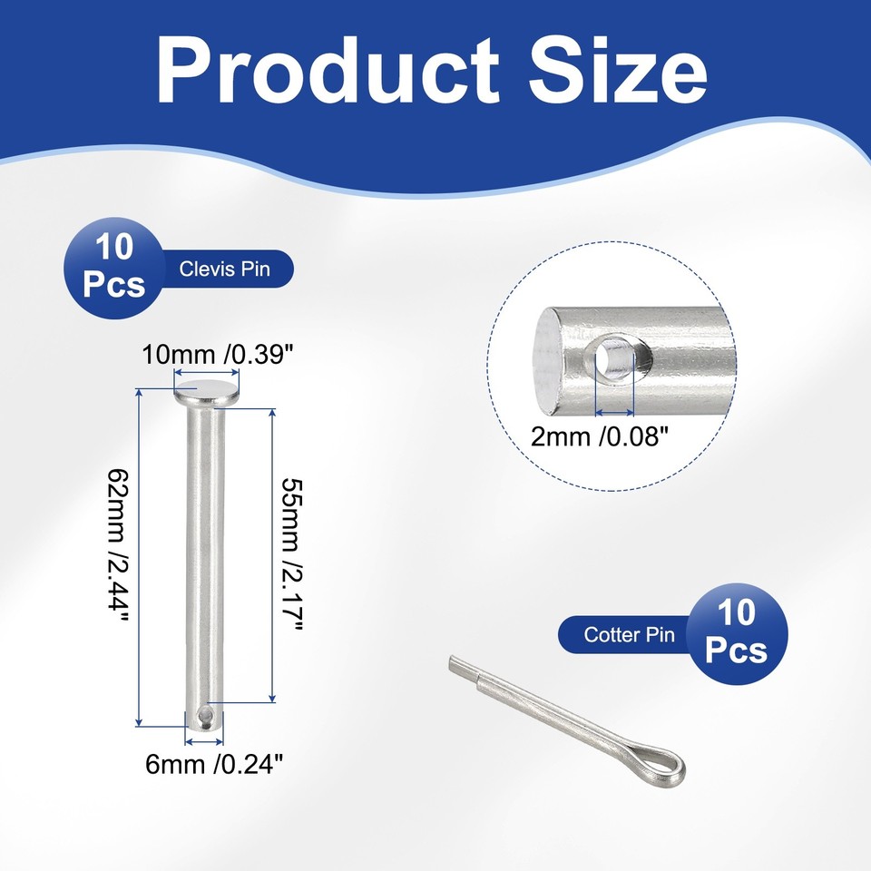 10Pcs M6x60mm Clevis Pins, Single Hole Flat Head Hitch with Cotter Pins ...
