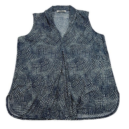 Kasper Blue White V-Neck Sleeveless Blouse Pleated Round Hem Stretch ...