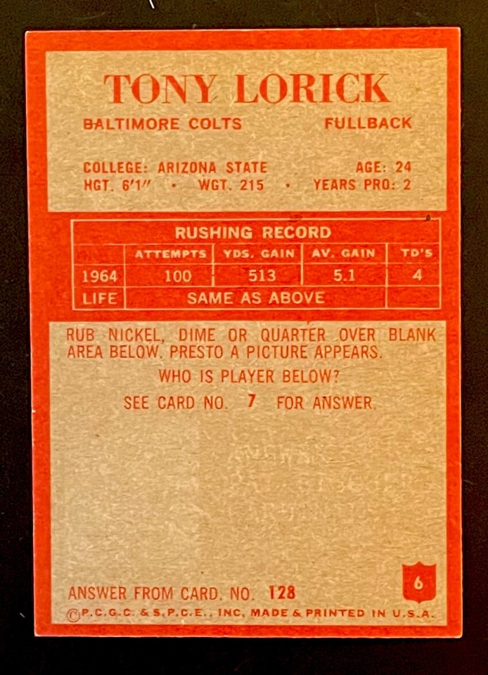 1965 Philadelphia #6 Tony Lorick Baltimore Colts Vintage Football Card ...