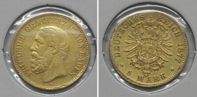 X3800 1877 G German States BADEN 5 Mark Gold Coin, KM 266 | eBay