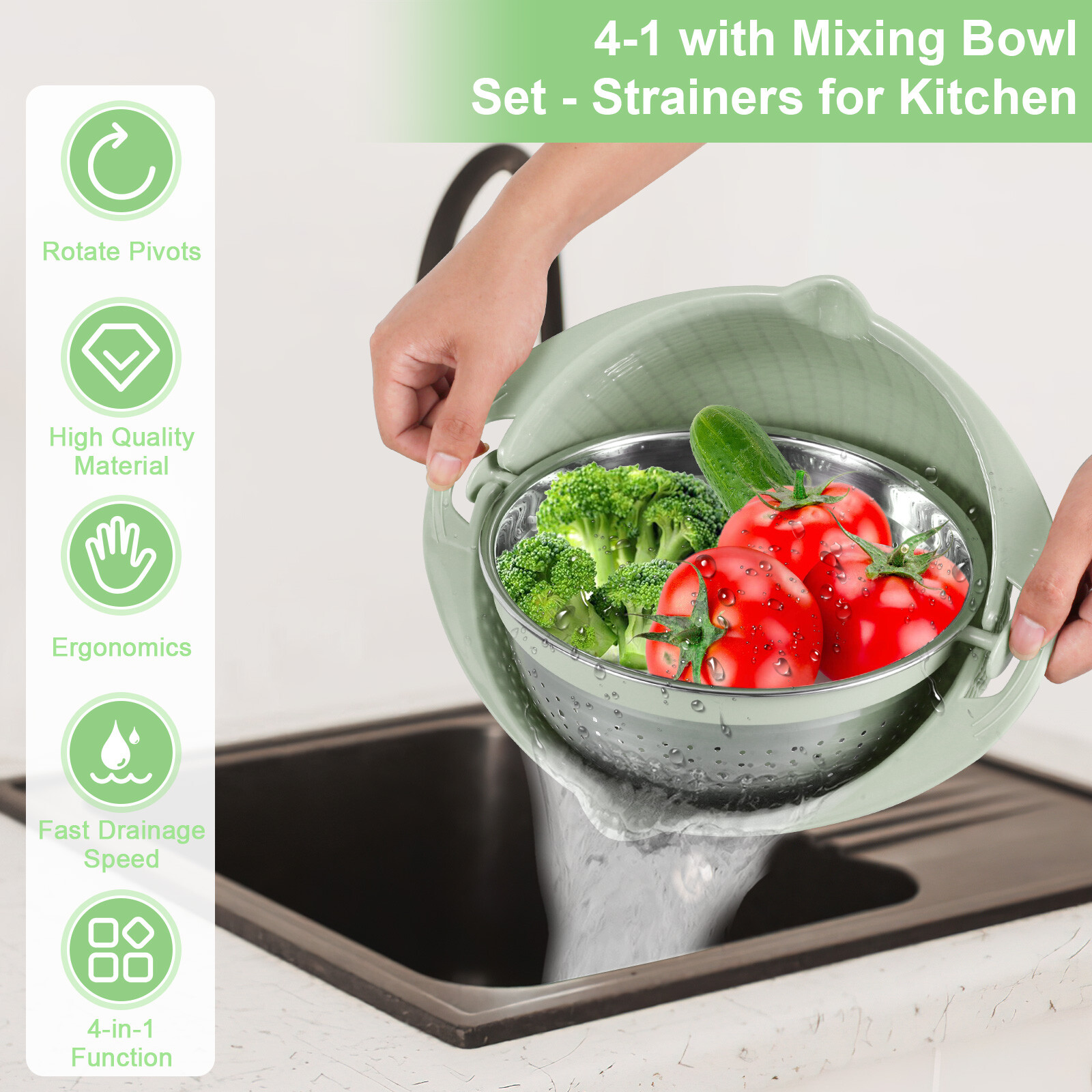 Kitchen Colander Set with Plastic Mixing Bowl 360°Rotating Food ...