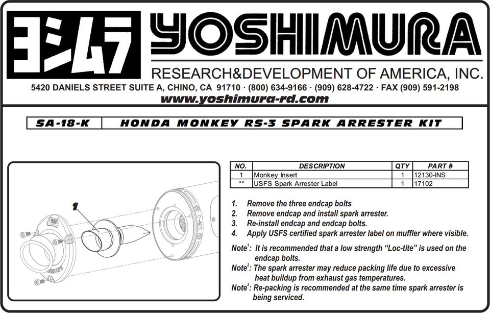 Yos. Spark Arrestor & Sound Reducer Insert Fits RS-3 on Honda Monkey SA ...