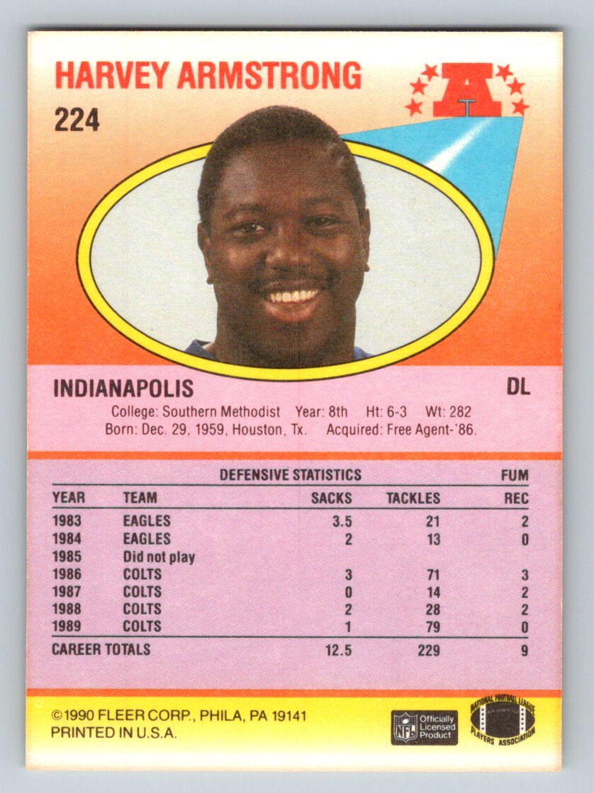 1990 Fleer RC #224 Harvey Armstrong Indianapolis Colts Rookie Football ...
